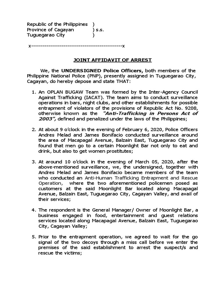 Sample JA of Arrest | PDF | Affidavit | Public Law