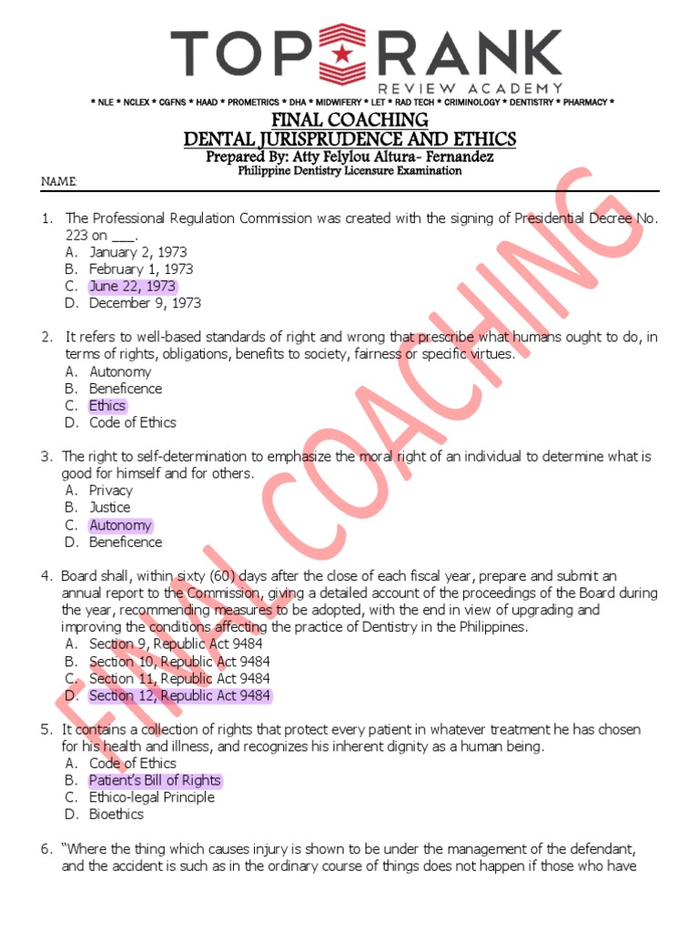 Final Coaching Dental Jurisprudence and Ethics: Prepared By: Atty ...