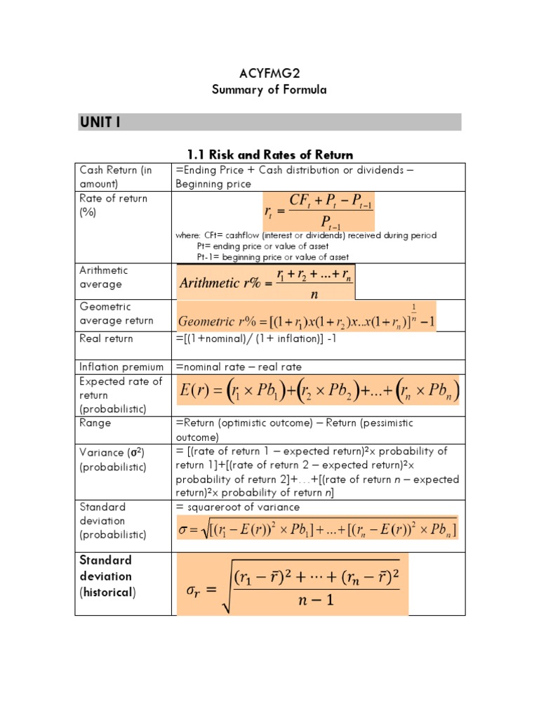 Risk and Return Formula Sheet | PDF | Present Value | Yield (Finance)