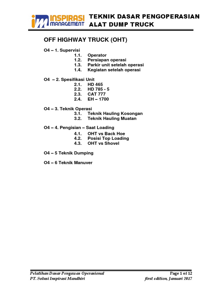 Teknik Dasar Pengoperasian Alat Dump Truck Off Highway Truck (Oht) | PDF