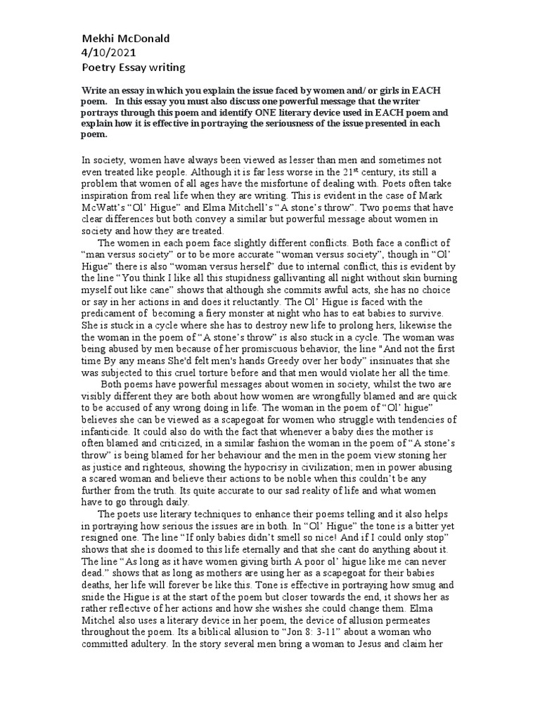 Ol' Higue and Stone's Throw Comparative Essay | PDF | Poetry | Essays