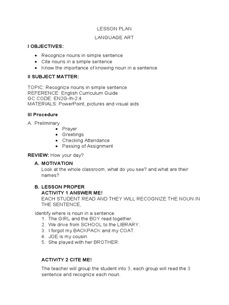 Lesson Plan Nouns | PDF | Noun | Lesson Plan
