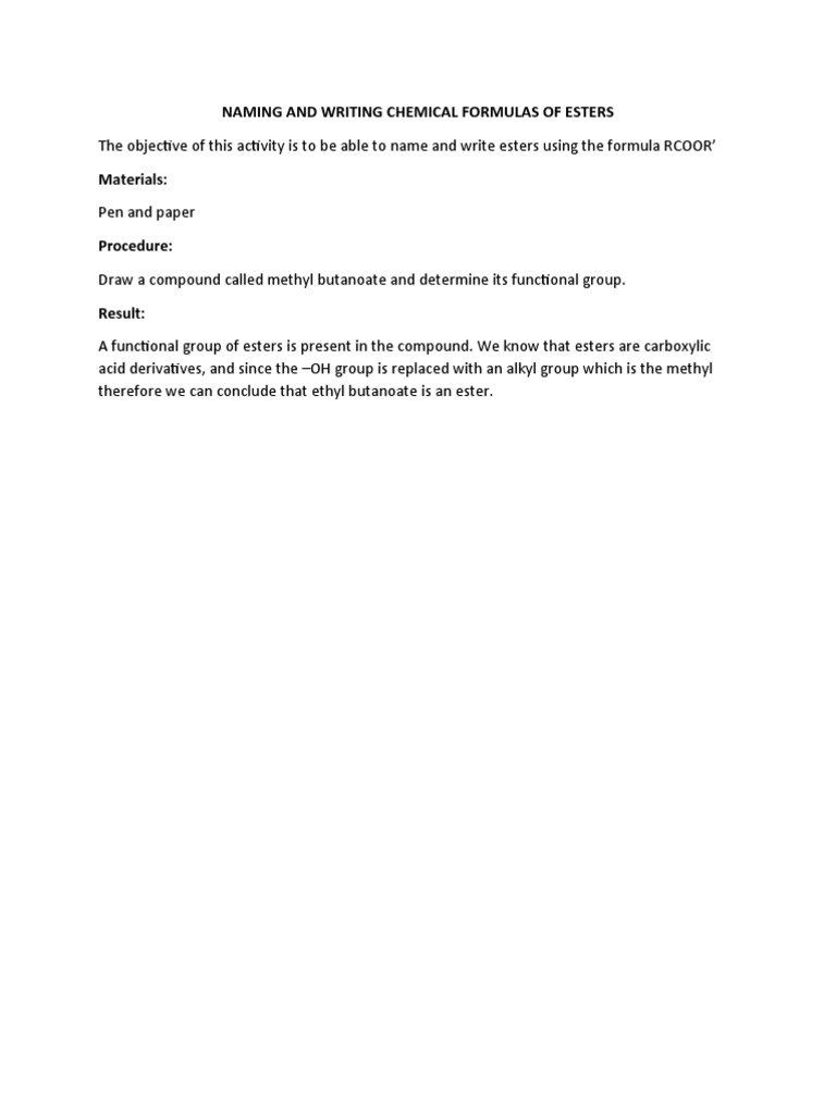 Act. No. 22 Naming and Writing Chemical Formulas of Esters | PDF ...