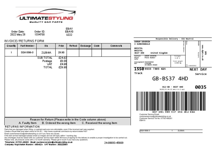 GB-BS37 4HD: Invoice/ Returns Form | PDF | Mail | Service Industries