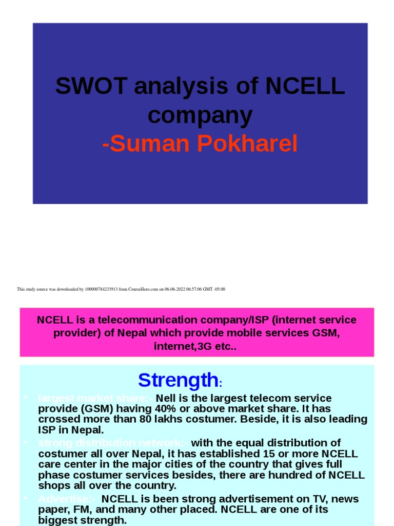 SWOT Analysis of NCELL Company: - Suman Pokharel | PDF | Internet Service Provider | Internet