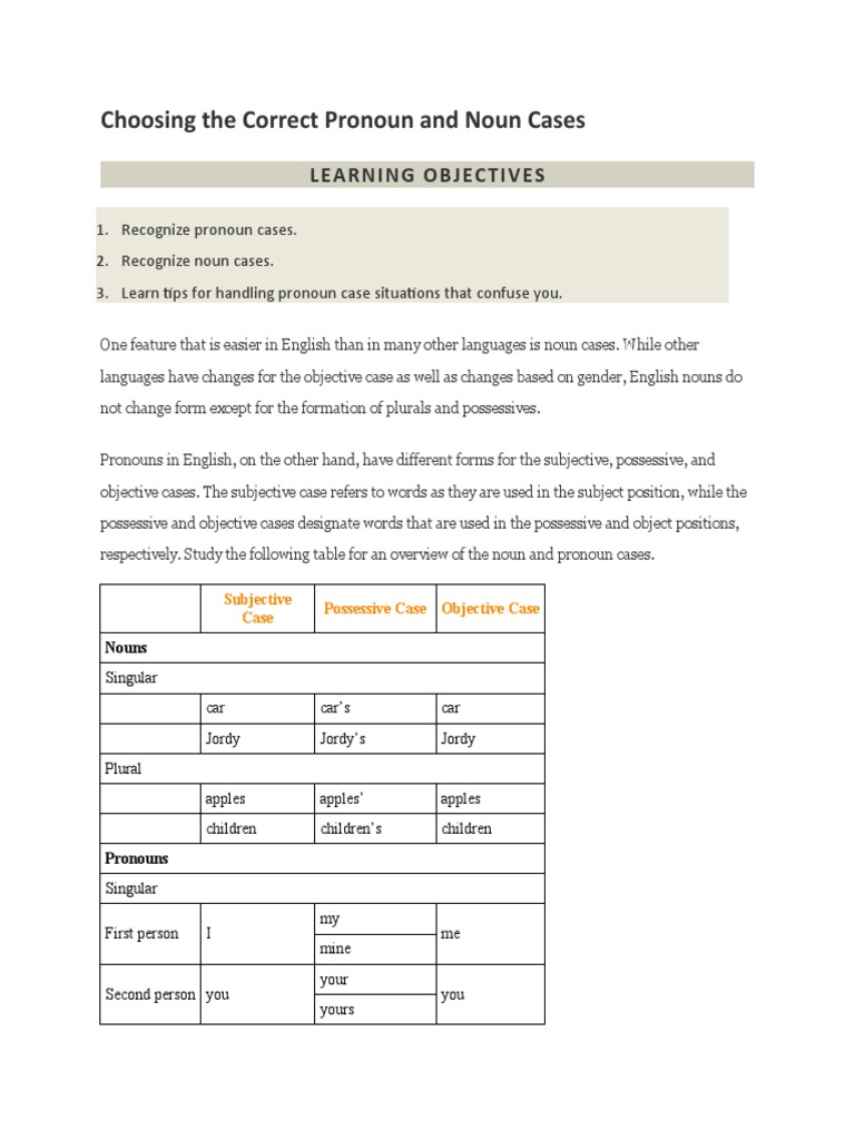 Choosing The Correct Pronoun and Noun Cases, Tips | PDF | Pronoun ...