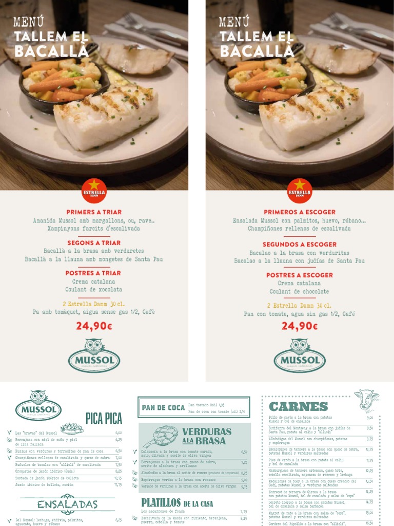 Menú de un restaurante catalán con platos típicos como bacalao ...