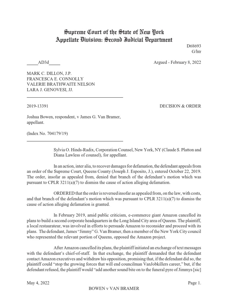 Joshua Bowen Respondent V James G. Van Bramer - 2nd Dept Decision | PDF ...