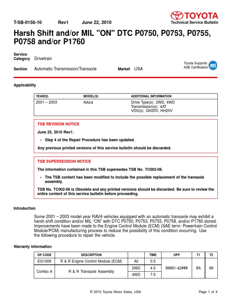 Harsh Shift And/or MIL "ON" DTC P0750, P0753, P0755, P0758 And/or P1760 ...
