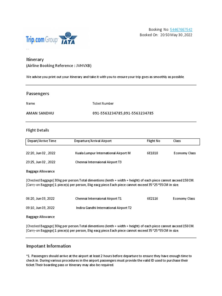 Itinerary: (Airline Booking Reference: JVHVXB) | PDF