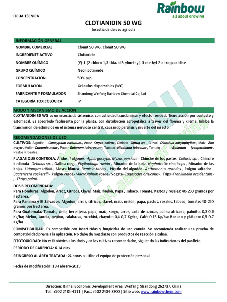Ficha Técnica de Clotianidin 50 WG | PDF | Arroz | Patata