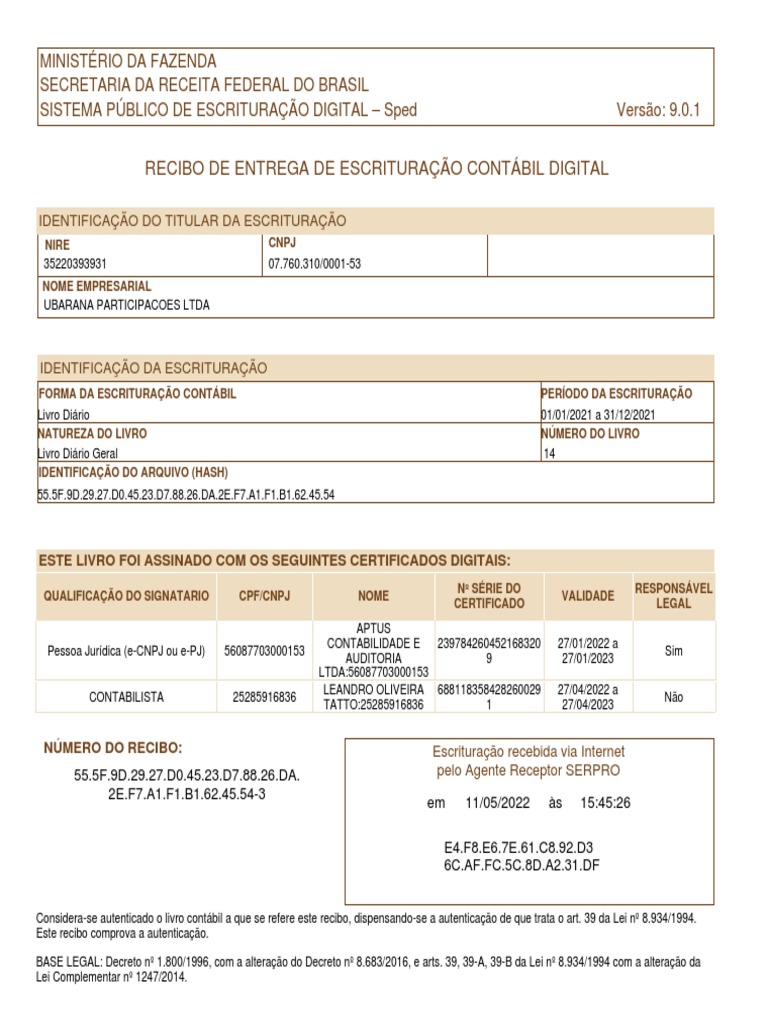 UBARANA Recibo ECD 2021 | PDF | Contabilidade | Escrituração contábil