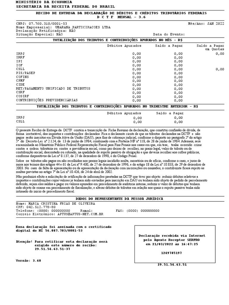 UBARANA Recibo DCTF 01.2022 | PDF | Imposto de Renda | Impostos