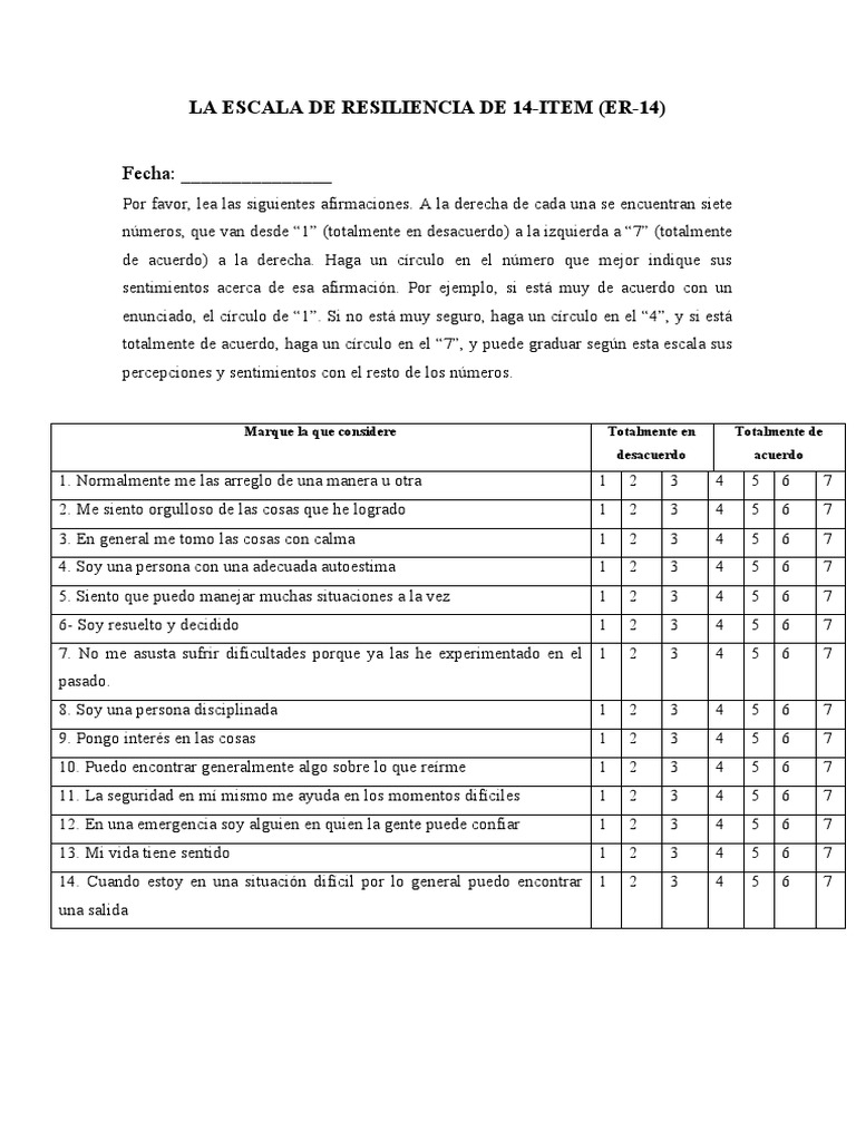 LA ESCALA DE RESILIENCIA DE 14 Editable | PDF