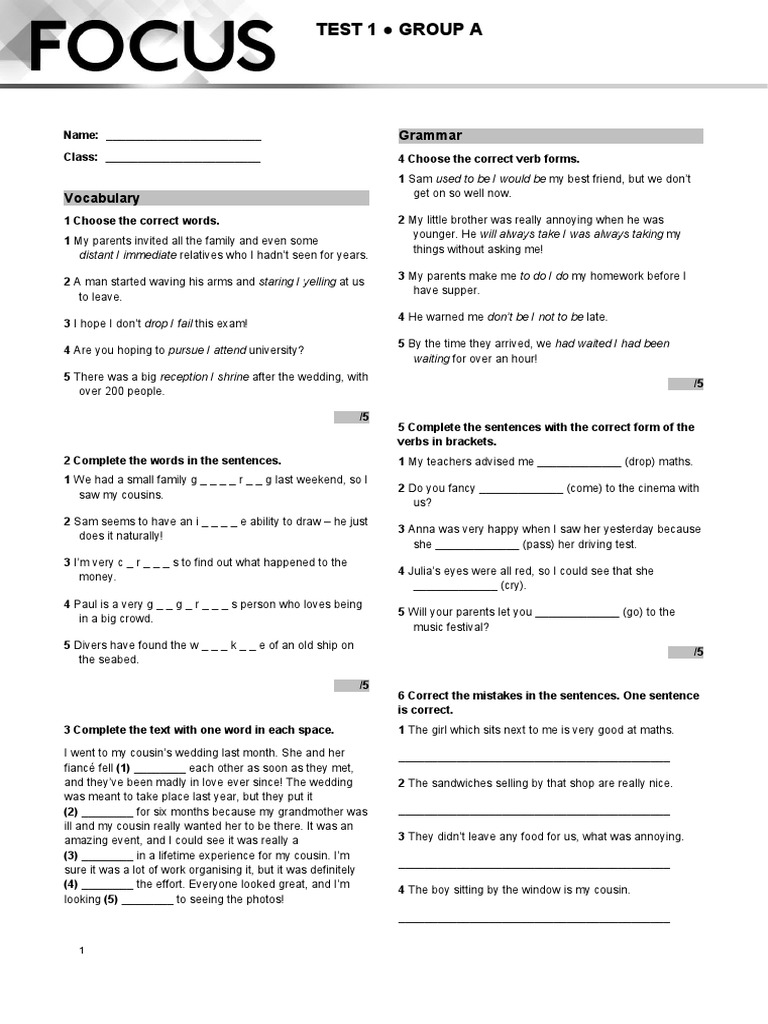 Focus 4 Test 1 GR A | PDF