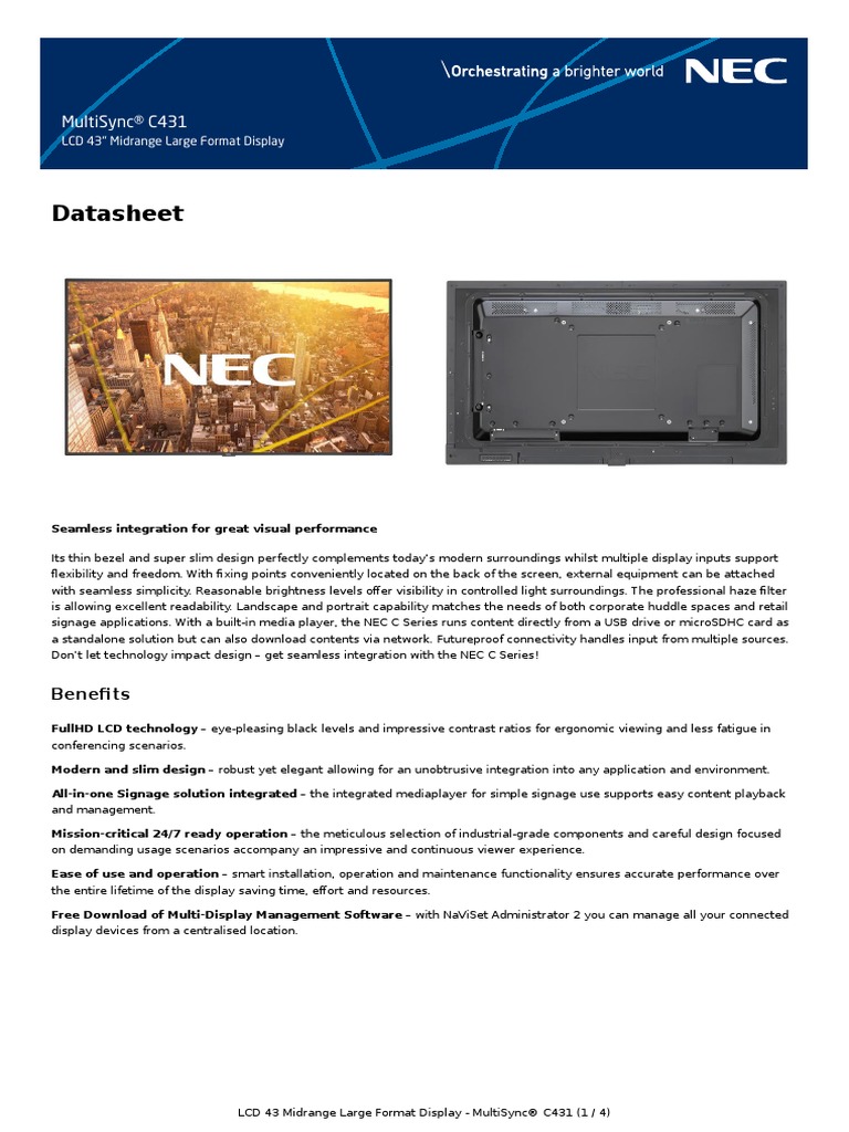 Spec C431 NEC Display | PDF | Hdmi | Display Resolution