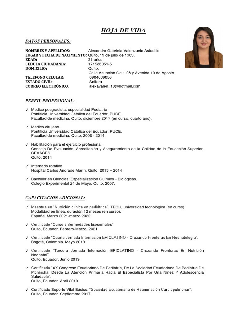 HOJA DE VIDA. Alexandra Valenzuela | PDF | Hospital | Ecuador