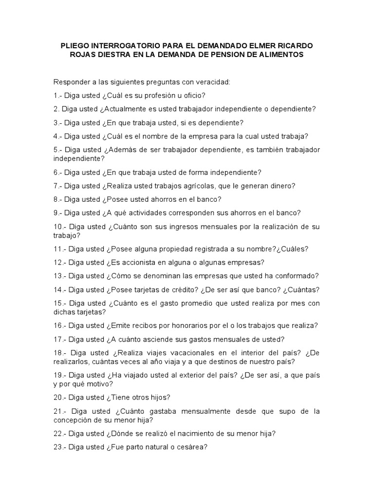 Pliego Interrogatorio Alimentos Pdf