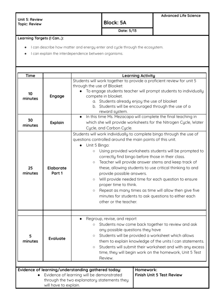 Unit 5 Ecosystem Review Activities | PDF | Lesson Plan | Pedagogy