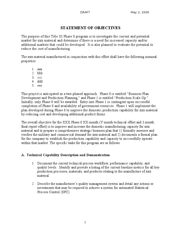 Sample DPA Title III Statement of Objectives | Business Plan ...
