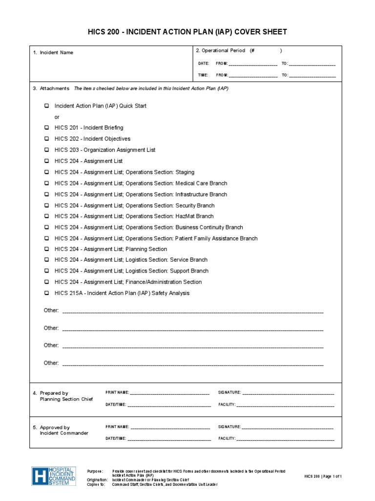 Hics 200-Incident Action Plan Iap Cover Sheet | PDF | Health Care