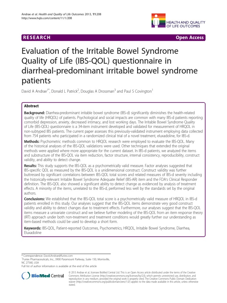 Evaluation of The Irritable Bowel Syndrome Quality of Life IBS-QOL Questionnaire in Diarrheal ...