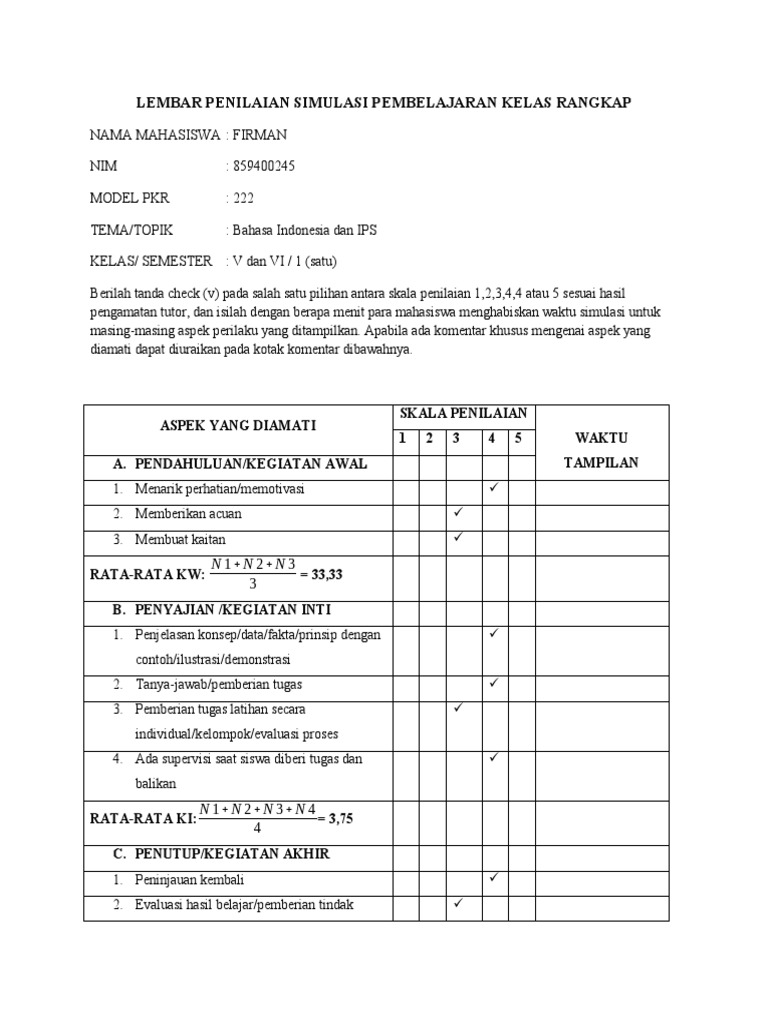 Lembar Penilaian Simulasi Pembelajaran Kelas Rangkap | PDF