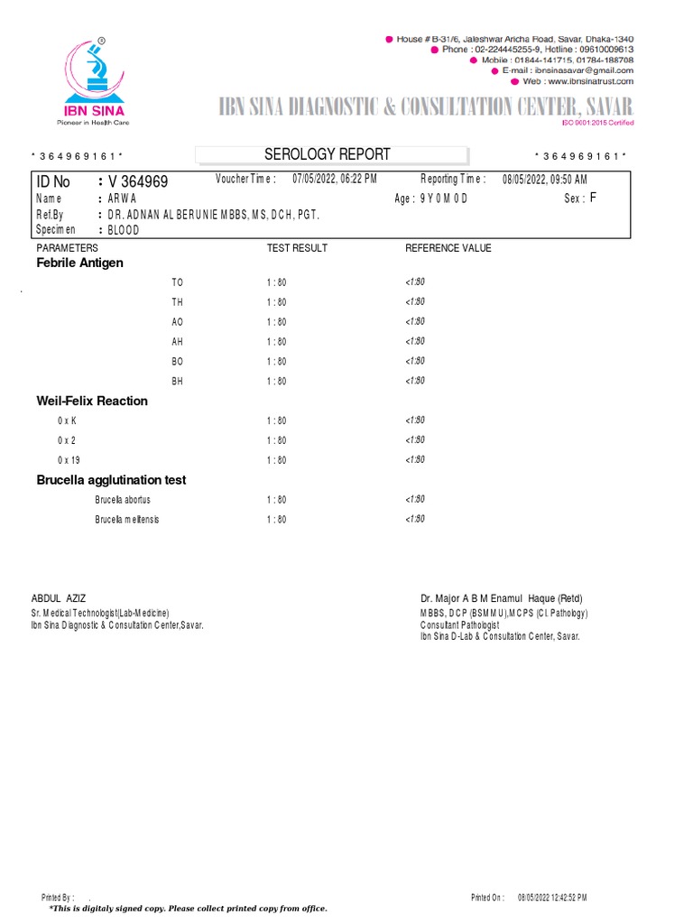 V 364969 Id No: Serology Report | PDF