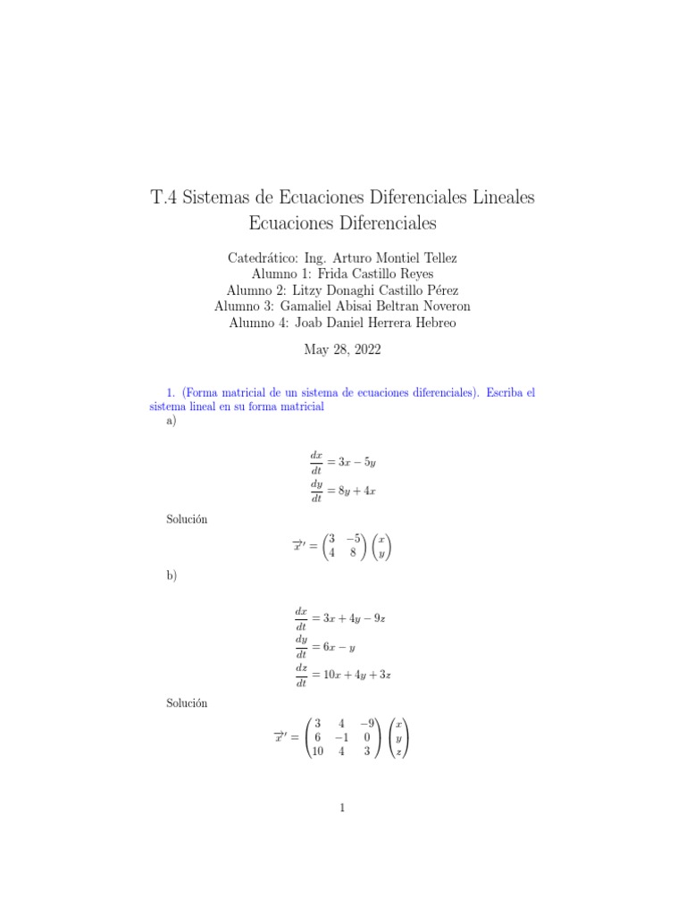 Tarea T4 Sistemas de Ecuaciones Diferenciales | PDF | Matriz (Matemáticas) | Análisis matemático