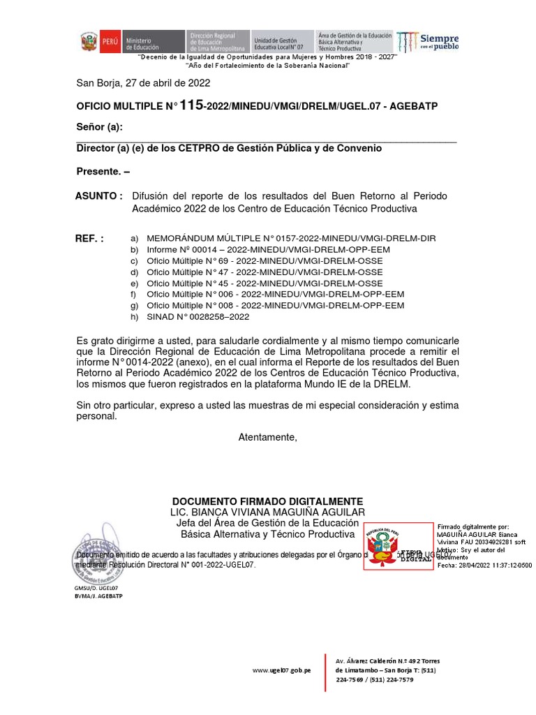 Oficio Multiple N°115-2022 Cetpro | PDF | Lima