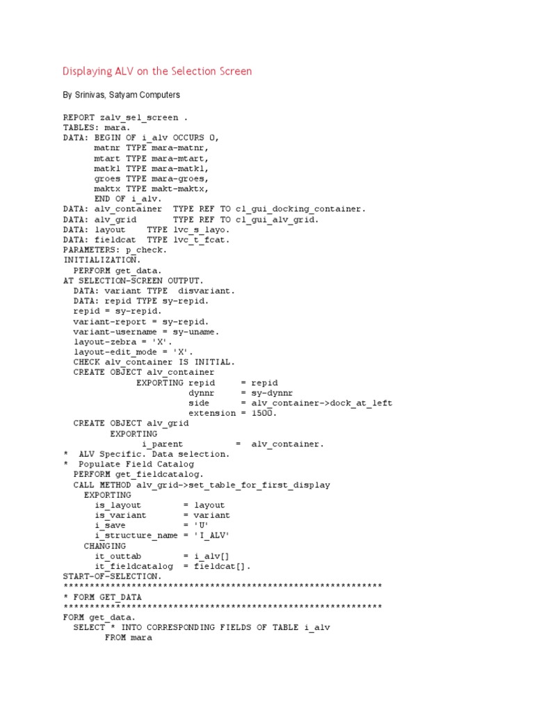 Displaying ALV On The Selection Screen | PDF | Computing | Computer Programming