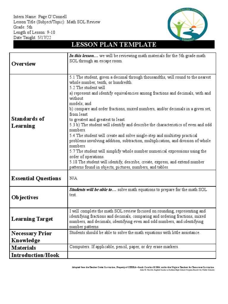 Lesson Plan Template: in This Lesson We Will Be Reviewing Math ...