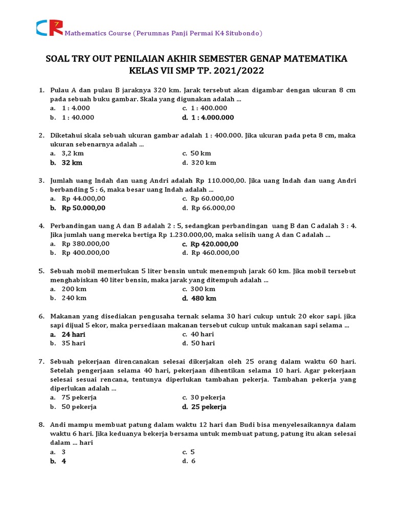Soal Try Out Penilaian Akhir Semester Genap Matematika Kelas Vii SMP Ke-3 | PDF