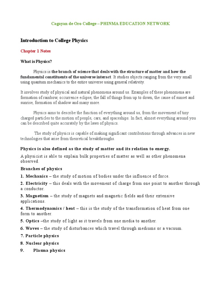COC-PEN PHY Introduction To Physics Summary Notes | PDF | Weight | Density