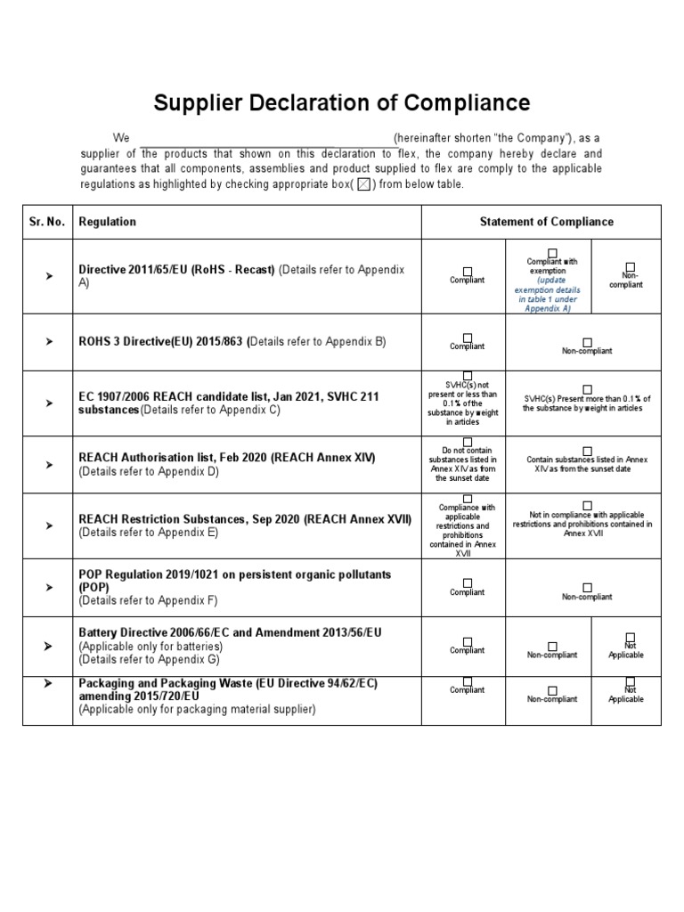 Supplier Compliance Declaration Form | PDF | Fluorescent Lamp | Capacitor