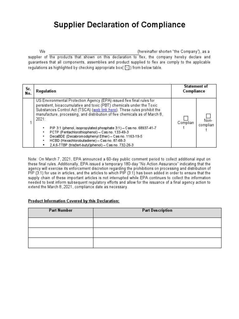 Supplier Declaration of Compliance - TSCA | PDF | Regulatory Compliance ...