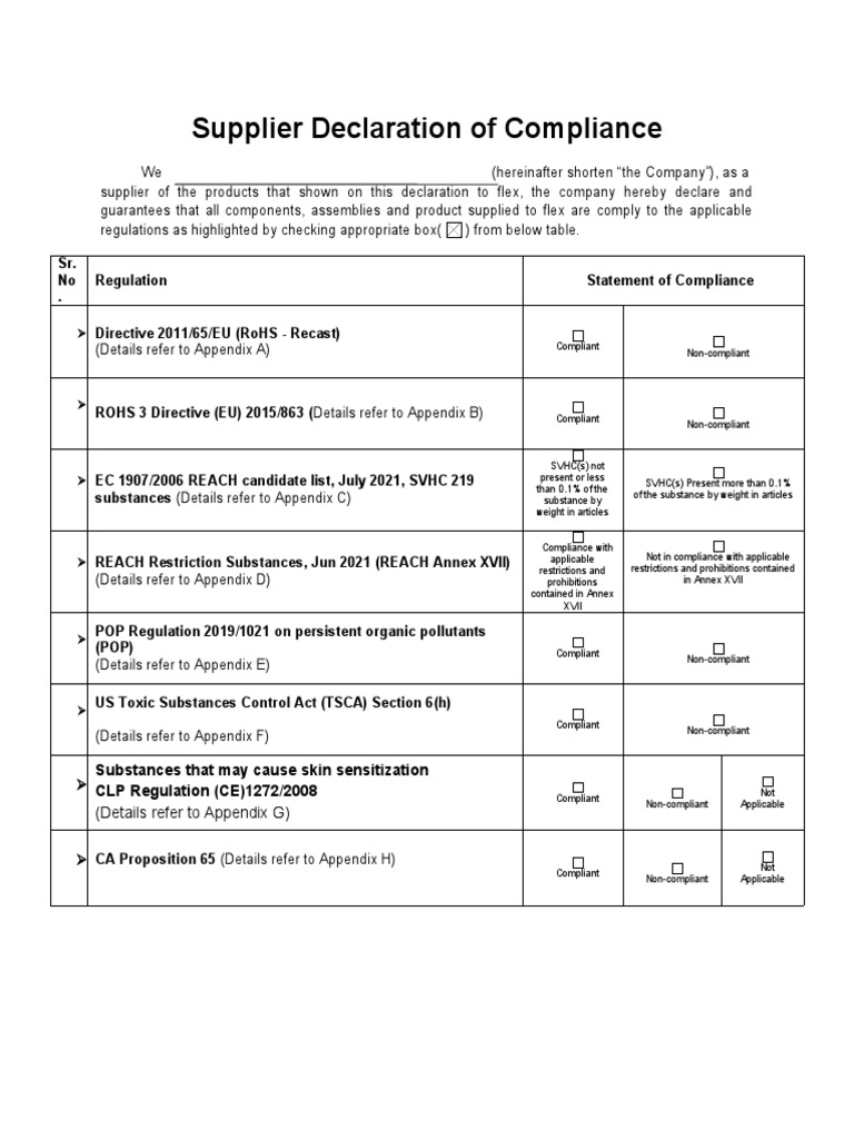 Supplier Declaration of Compliance | PDF | Fluorescent Lamp | Capacitor