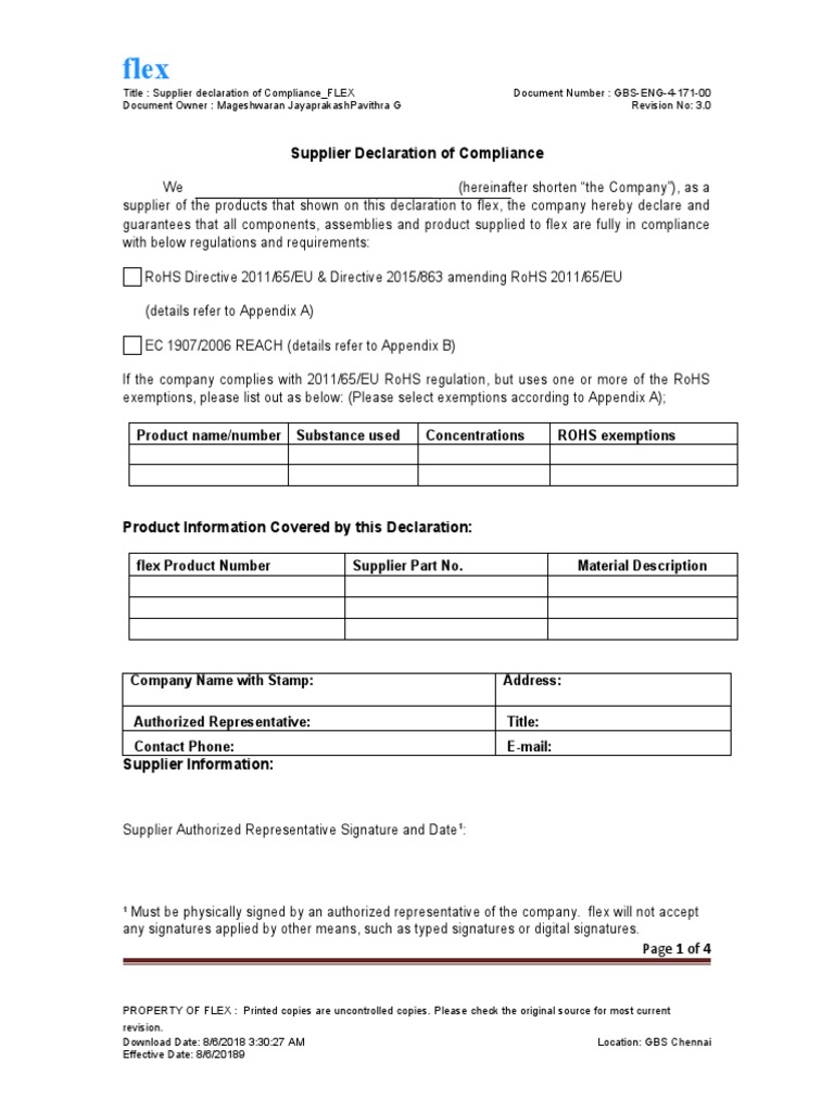 Supplier Declaration of Compliance - FLEX | PDF | Mercury (Element ...