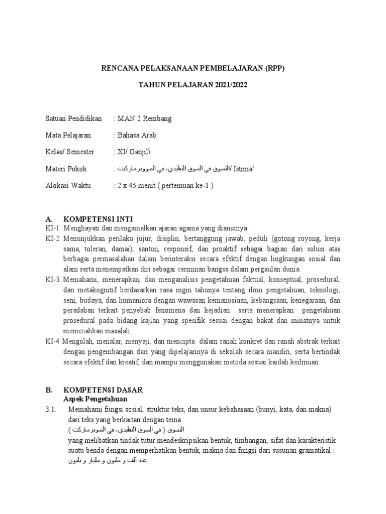 Contoh RPP Bahasa Arab Kelas XI | PDF