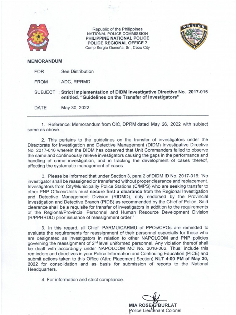 Strict Implementaion of DIDM Investigative Directive No. 2017-016 ...