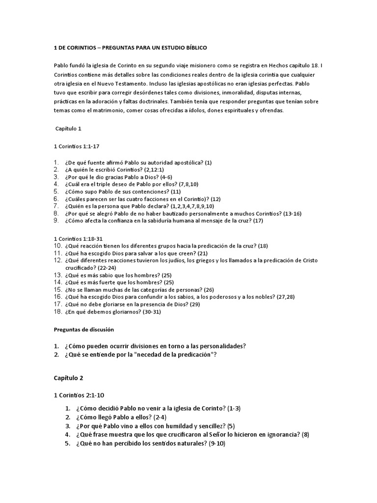 1 de Corintios - Preguntas para Un Estudio Bíblico | PDF | Pablo el apóstol | Primera epístola a ...