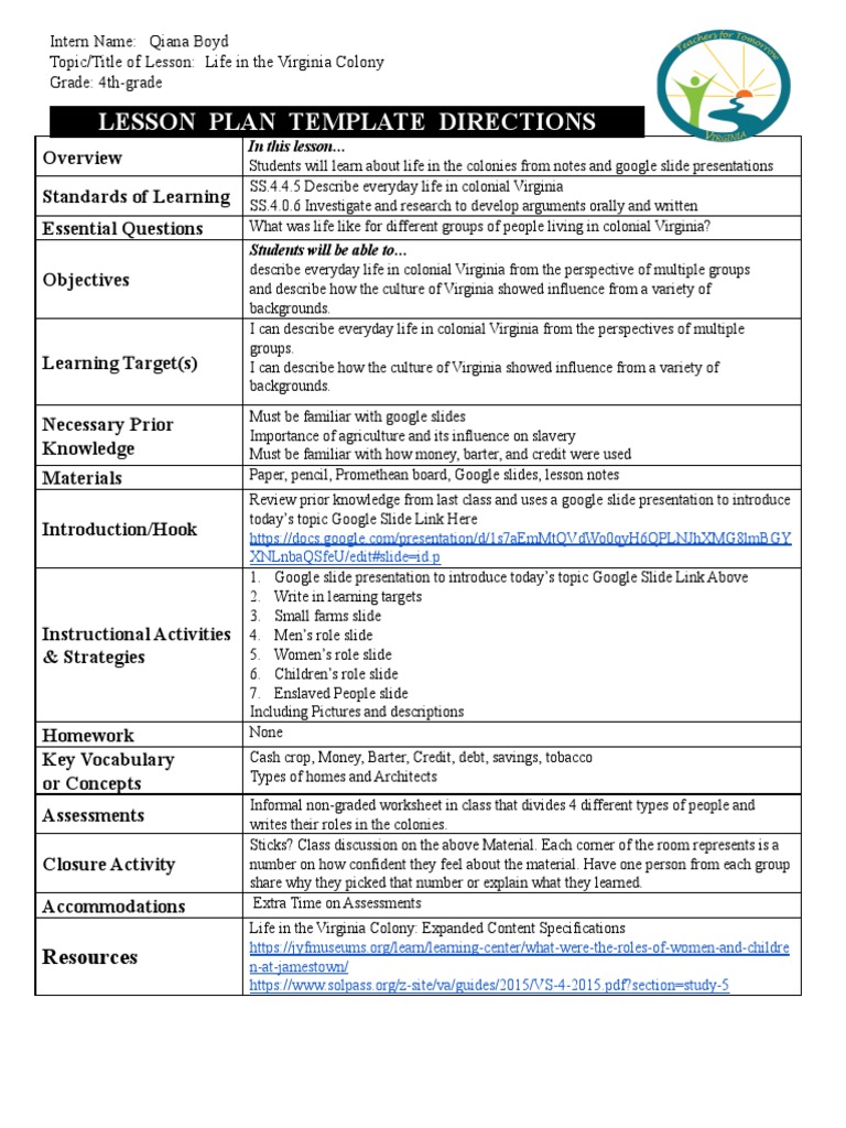 Lesson Plan Life in The Virginia Colony | PDF | Lesson Plan | Learning
