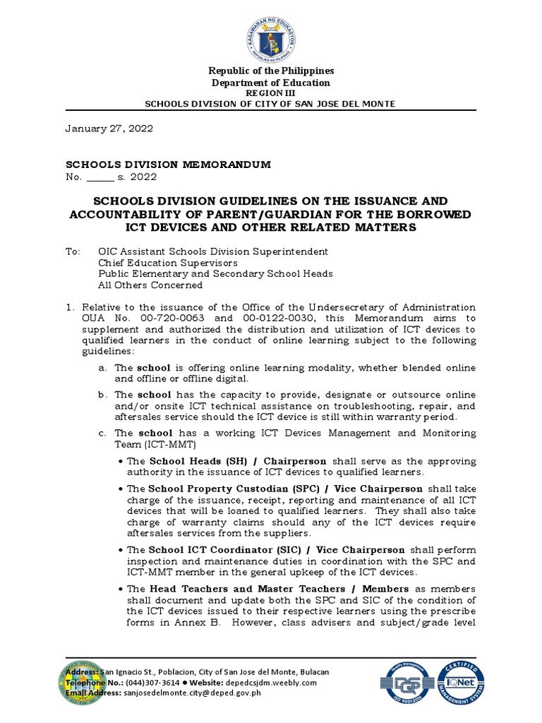 Guidelines on the Issuance and Accountability of ICT Devices for Online ...