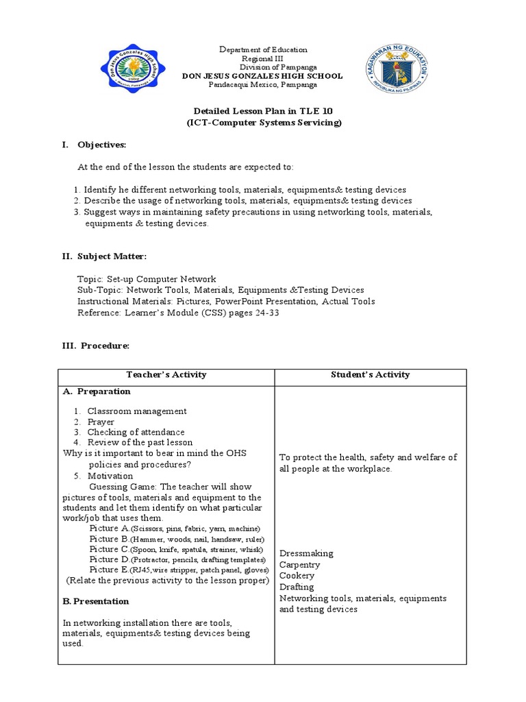 Detailed Lesson Plan in TLE 10 (ICT-Computer Systems Servicing) I. Objectives | PDF | Network ...