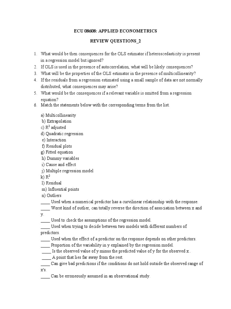Review Question Econometrics - 2 | PDF | Regression Analysis | Ordinary ...