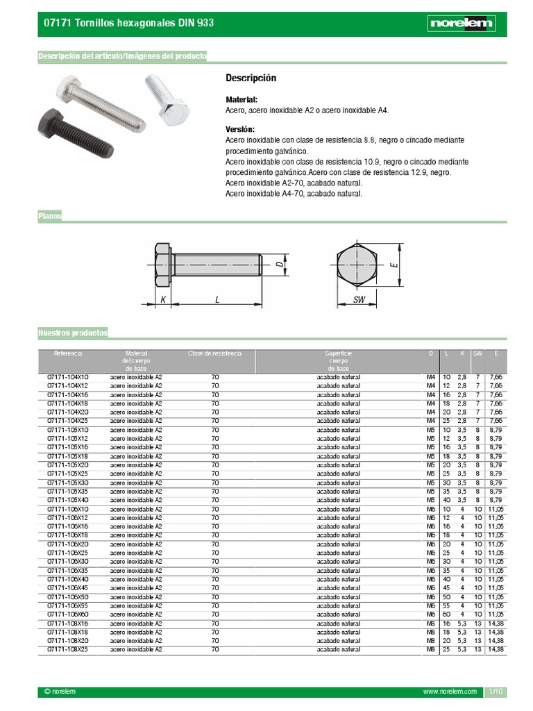 Datasheet 18386 Tornillos Hexagonales DIN 933 - Es | PDF | Tornillo | Horticultura y jardinería