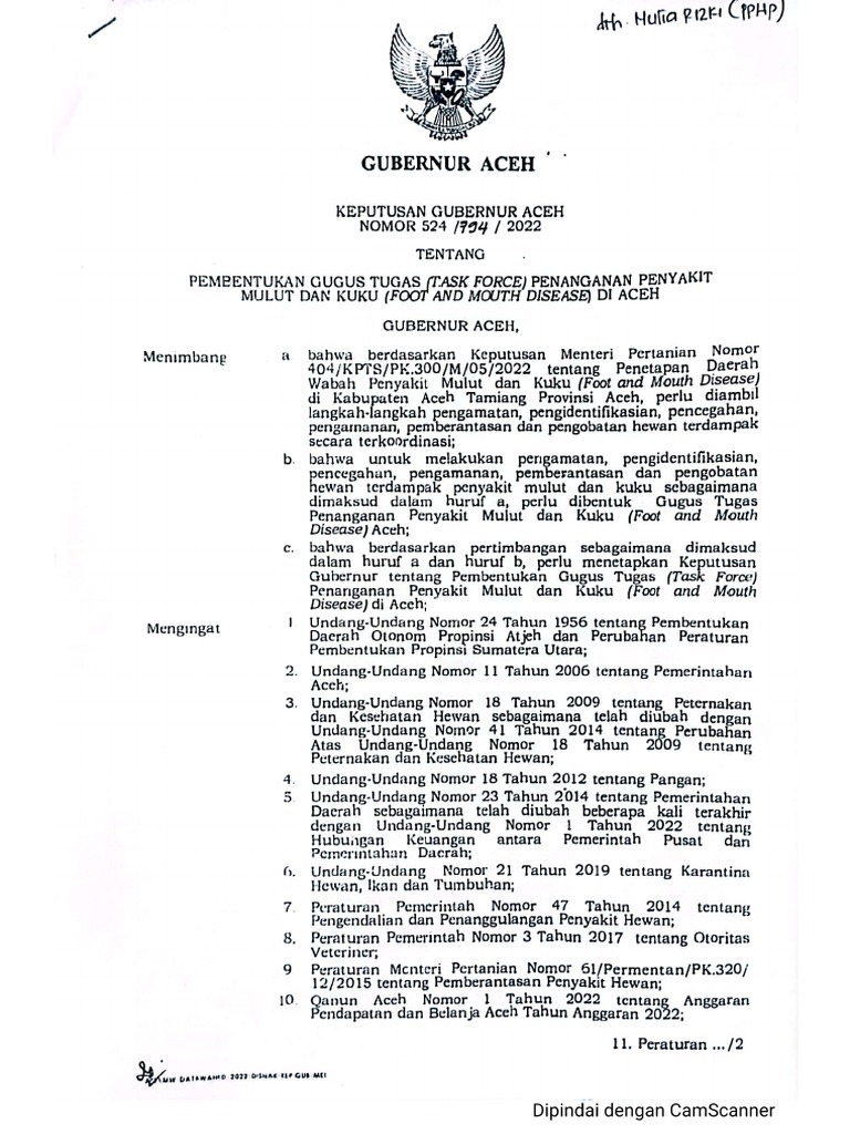SK Keputusan Gubernur Tentang Gugus Tugas PMK Disnak Provinsi Aceh Tahun 2022 | PDF