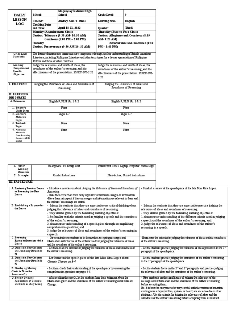 Eng 9 Quarter 4 Week 1 DLL | PDF | Reading Comprehension | Communication