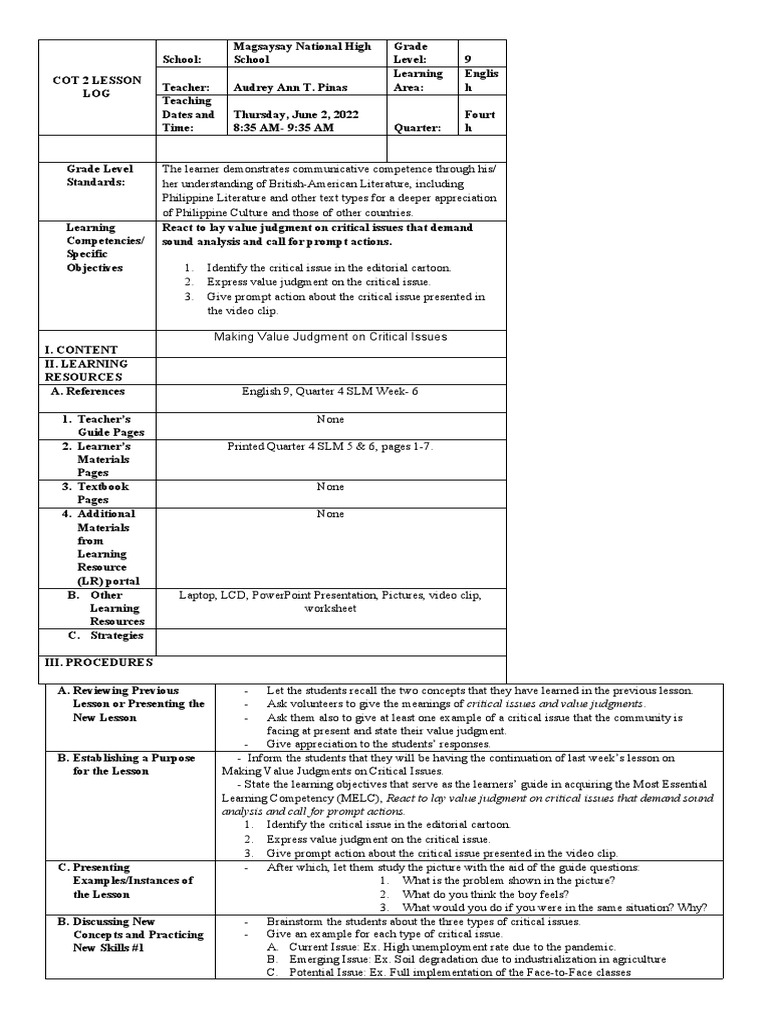 Eng 9 Quarter 4 Week 6 DLL | PDF | Learning | Cognition