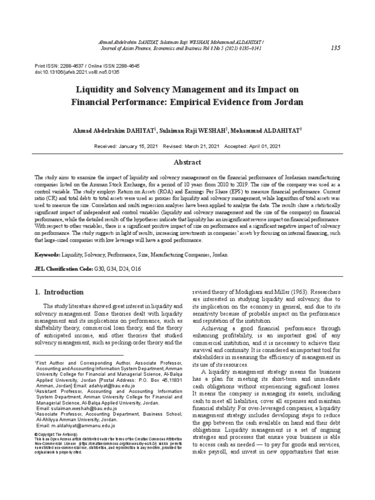 Liquidity and Solvency Management and Its Impact On Financial Performance - Empir | PDF | Errors ...